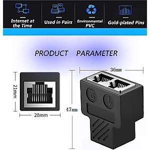 RJ45 Ethernet Splitter Adapter, 2 Pack 1 to 2 Ethernet Splitter 8P8C Socket Extender to Connect to LAN Network Internet Splitter Adapter, for Cat5, 5e, Cat6, Cat7, Black