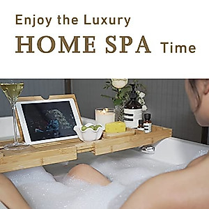 Bamboo Bath Tray, Expandable Bath Caddy with Wine and Book Holder-Headley Tools Bathtub Caddy for Luxury Bath, Adjustable Bath Caddy Tray for Bathtub-Great Gift for Women/Men (Wood Color)