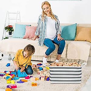 WLFRHD Storage Bin Fabric Storage Basket with Handles 15x10.5x8.5 inches Waterproof Collapsible Storage Basket for Baby Toy Foldable Clothes Basket(Gray and White Stripes,Large 2-Pack)