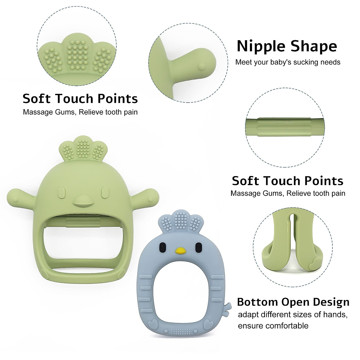 2PCS Chick Shape Baby Teething Toys, Never Drop Hand Wrist Teether, Baby Chew Toys for Sucking Needs, Silicone Baby Mitten Teether for Soothing Teething Pain Relief, Easy to Grip (Green/Blue)