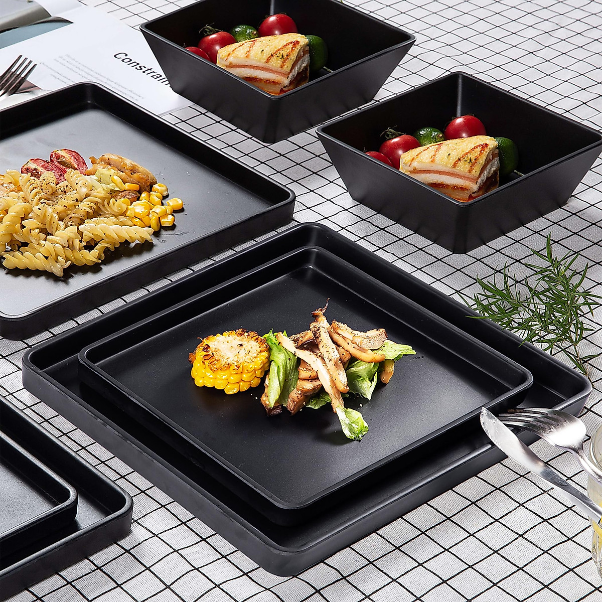 Yinshine Melamine Dinnerware Sets - 12pcs Square Plates and Bowls Set, Dishes Set, Black