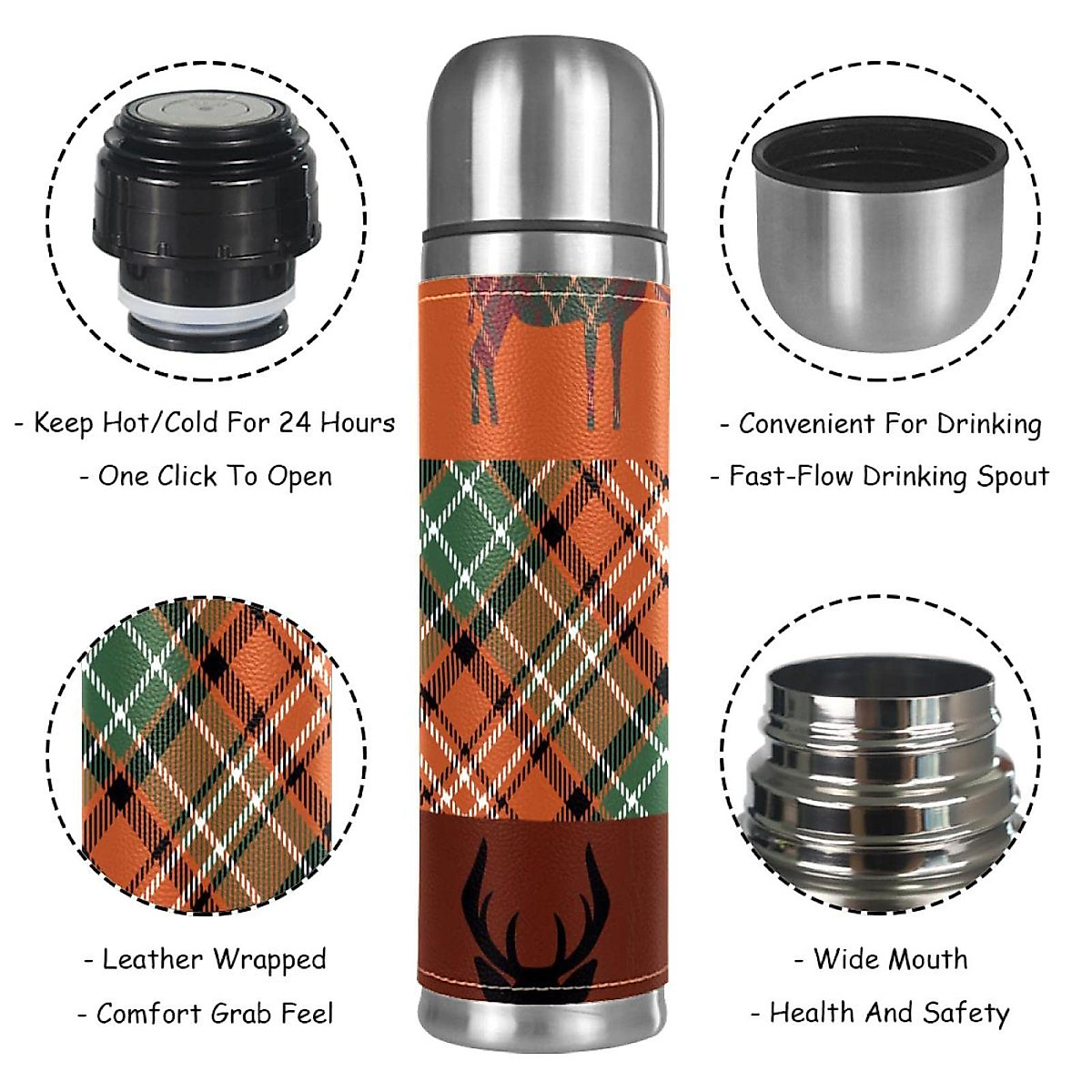 Stainless Steel Leather Vacuum Insulated Mug Plaid Animals Thermos Water Bottle for Hot and Cold Drinks Kids Adults 16 Oz