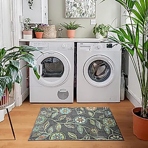 PAGISOFE Indoor Front Door Mat Boho Kitchen Sink Mat, 2x3 Machine Washable Rug, Floral Non-Slip Throw Rug with Rubber Backing, Soft Small Area Rugs for Entryway Bedside Bathroom Entry, Green/Multi