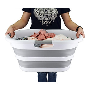 SAMMART 40L (10.5 Gallon) Collapsible Plastic Laundry Basket - Foldable Pop Up Storage Container/Organizer - Portable Washing Tub - Space Saving Hamper/Basket (1, White/Grey)