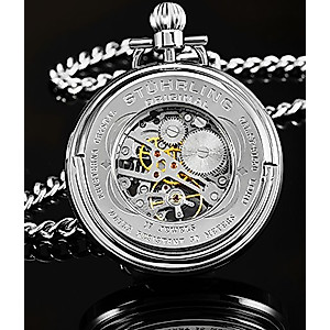 Stuhrling Original Men's Pocket Watch Stainless Steel Analog Skeleton Watch Hand Wind Mechanical Movement Stainless Steel Chain
