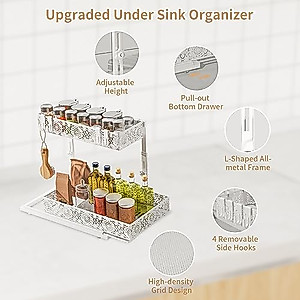 Iirios Adjustable Height Under Sink Organizer, 2-Tier L-Shape Slide Out Sliding Shelf, Under Cabinet Organizer with Drawer and Hooks, Multi-Use Under Sink Storage for Bathroom Kitchen, White