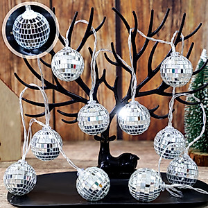 BBTO 10 Pcs LED Disco Ball String Light 2 Inch Battery Powered Mirror Ball Ornaments 70s 80s 90s Disco Party Supplies(Silver)