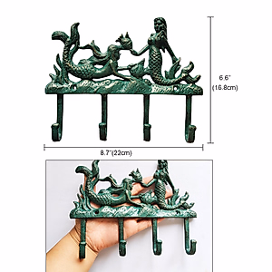 CatchDragon Rustic Cast Iron Mermaid Coat Rack Wall Mount, Decorative Mermaid Wall Hooks Hangers w/4 Hooks for Hanging Towels Coats Keys Hats (C)
