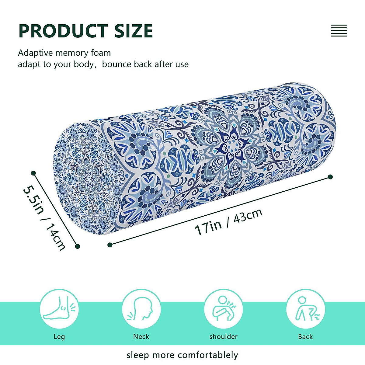 xigua Blue Decorative Floral Neck Roll Pillow for Neck Relief with Removable Washable Cover - Memory Foam Round Cylinder Bolster, Ergonomically Designed for Head, Neck, Back, and Legs