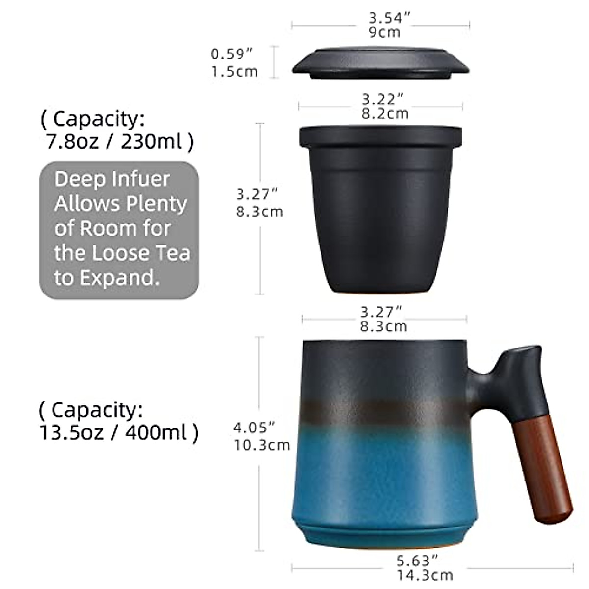 ZENS Tea Cup with Infuser and Lid, 13.5 Ounce Gradient Blue Ceramic Loose Leaf Tea Mug, Rosewood Handle Tea Steeping Mug for Gifts, Black&Blue