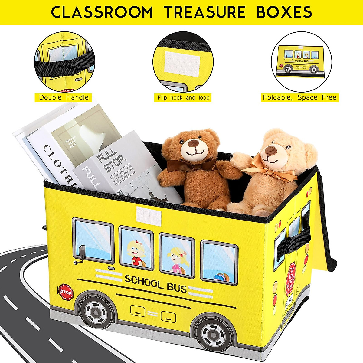 Sweetude 4 Pcs Prize Box for Classroom, School Bus Treasure Box Kids Foldable Chest Storage Box Kids Toy Chest with Lid Treasure Storage Organizer Bin for Kids Teachers Toy Prizes Awards for Students