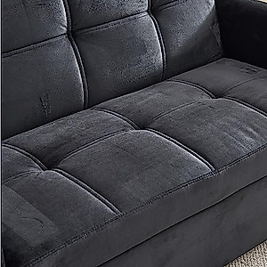 Sofa Couch w/Pull Out Sleeper Bed, 55.5” Black Velvet Upholstery Convertible Loveseat Twin Sofabed with Two Arm Pockets, 3-angle Adjustable Backrest Sofa, Build-in 2 USB Charger Ports for Living Room