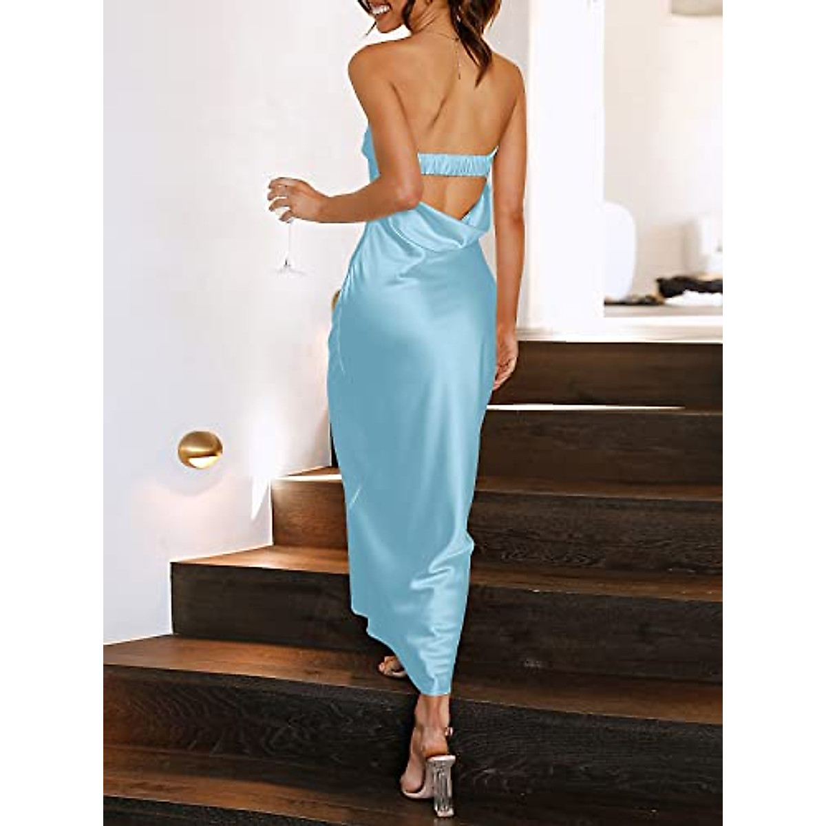 ANRABESS Women's Summer 2023 Satin Cocktail Party Maxi Dress Sexy Cutout Strapless Bodycon Corset Elegant Evening Gown Wedding Guest Fall Trending Club Maxi Dresses 941danlan-S Light Blue