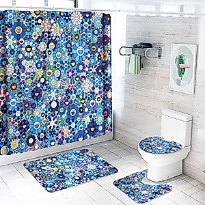 CYUASUAP 4Pcs Takashi-murakami Shower Curtain Sets, with Non-Slip Rugs, Toilet Lid Cover and Bath Mat,Durable Watertight 70x 70 in