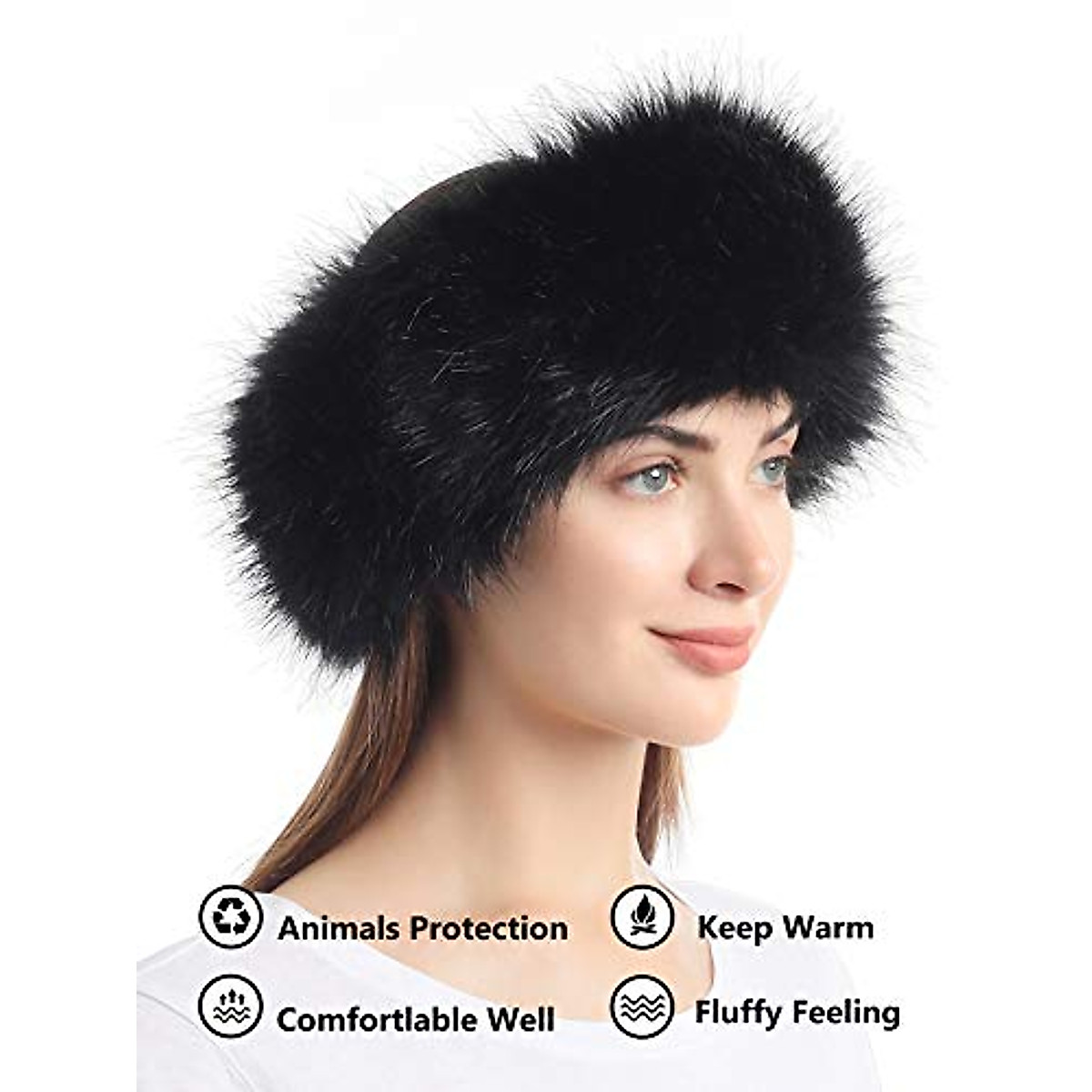 Faux Fur Headband with Elastic for Women's Winter Earwarmer Earmuff(One Size,Black)