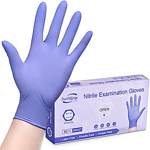 SwiftGrip Disposable Nitrile Exam Gloves, 3-mil, Small, Box of 50, Violet Nitrile Gloves Disposable Latex Free for Medical, Cleaning, Cooking & Esthetician, Food-Safe, Powder-Free, Non-Sterile, Purple