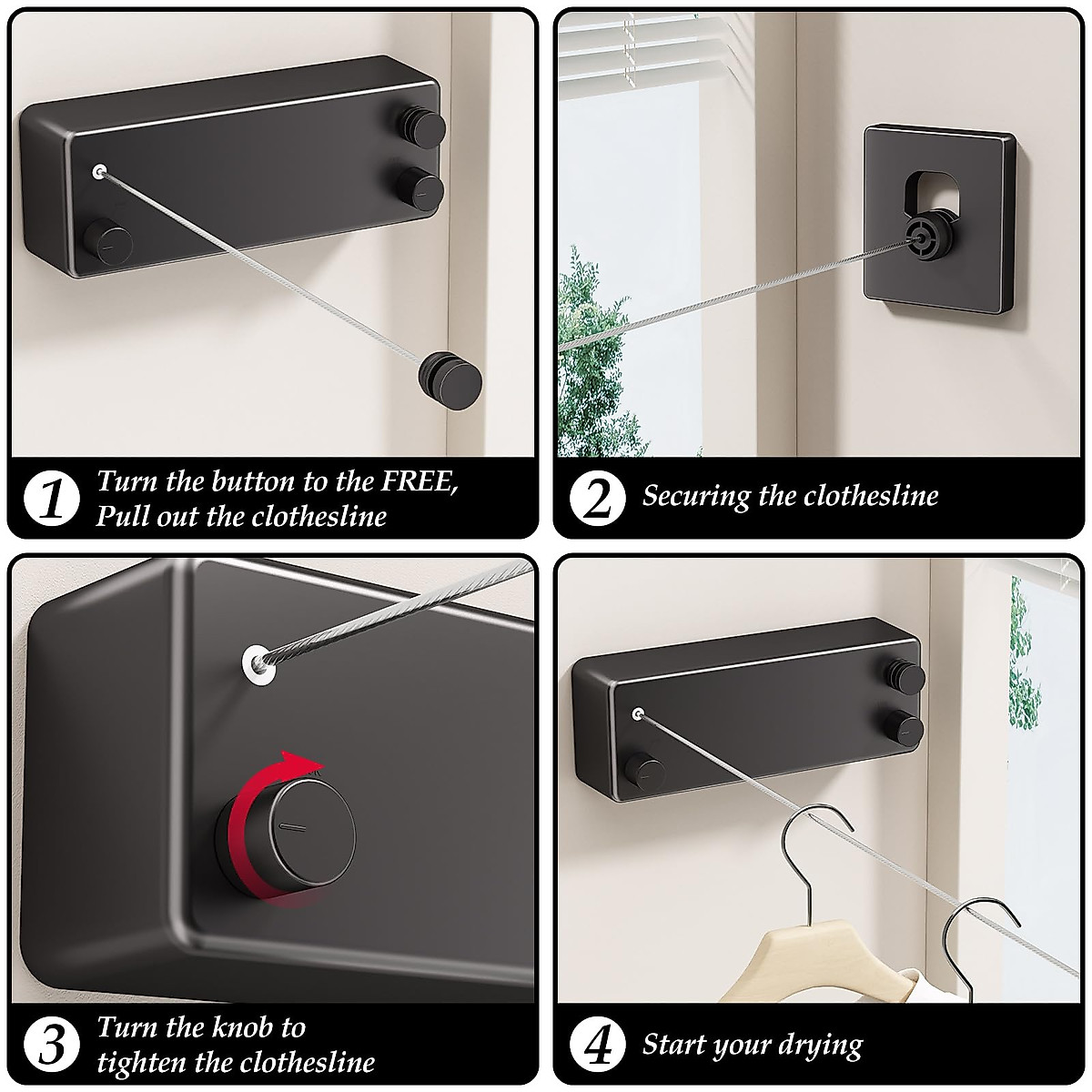 Danpoo Retractable Clothesline Outdoor/Indoor, Double Lines for Hanging Clothes with 13.8 Ft Steel Wire, Heavy Duty Clothing Line Wall Mounted, Black