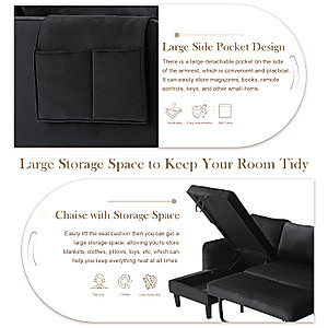 Modern Velvet Pull Out Sleeper Sofa Bed with Chaise, Comfy L Shaped Convertible Sleeper Couch with Storage and Pocket, Sectional 3 Seat Couch for Living Room Furniture or Office, Smooth Back - Black