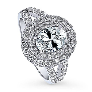 BERRICLE Sterling Silver Halo Wedding Engagement Rings Oval Cut Cubic Zirconia CZ Statement Cocktail Split Shank Ring for Women, Rhodium Plated Size 6