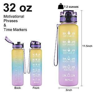 Kanglesdip 32 oz Large Water Bottle with Motivational Time Marker & Removable Strainer,Fast Flow BPA Free for Fitness, Gym and Outdoor Sports(Yellow/Blue/Purple, 32 oz)