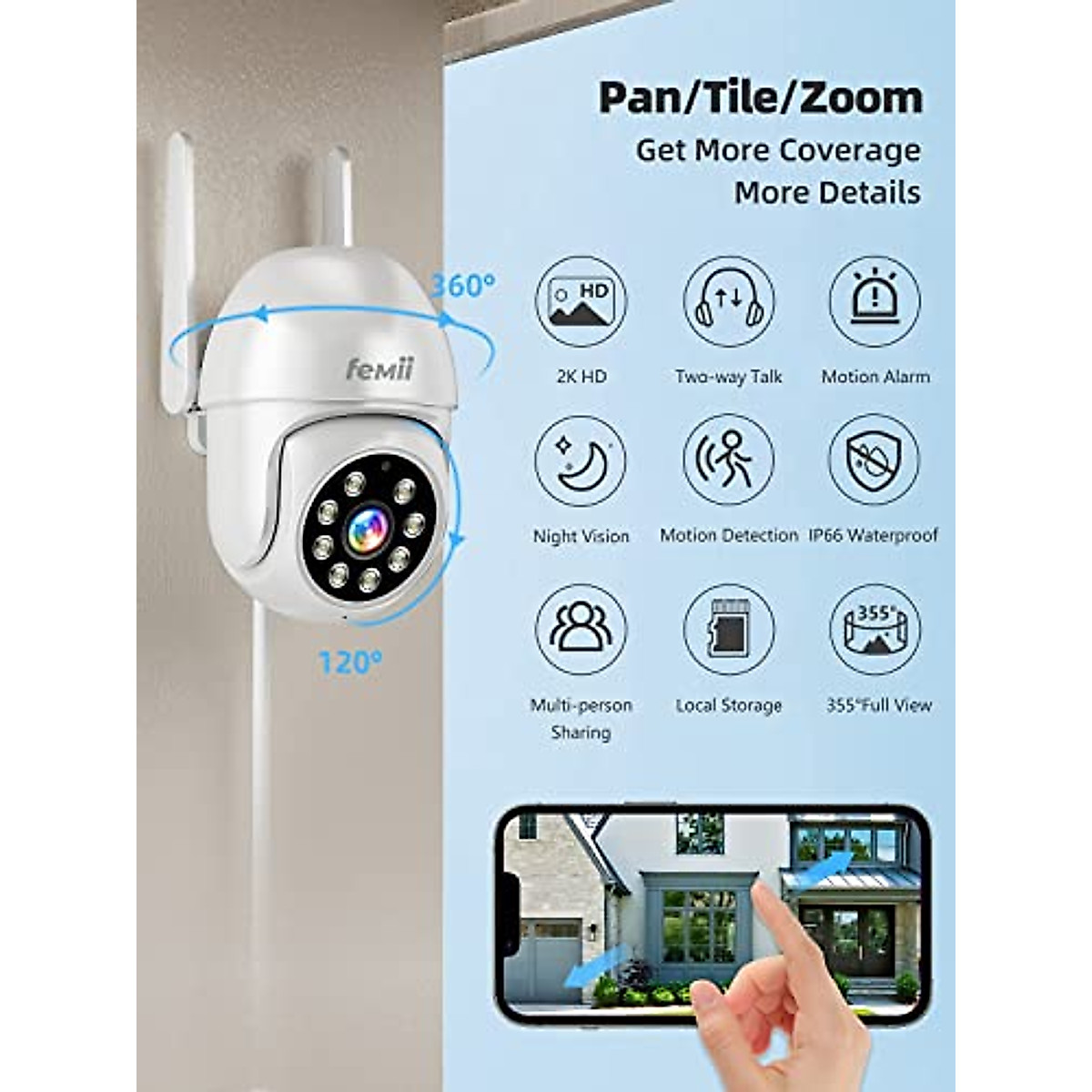 2K Security Camera, PTZ 355°View 3MP Security System 2.4GHZ WiFi Security Cameras Outdoor with Color Night Vision, Motion Detection and Alarm, IP66 Waterproof, 2-Way Talk, 24/7 SD Storage