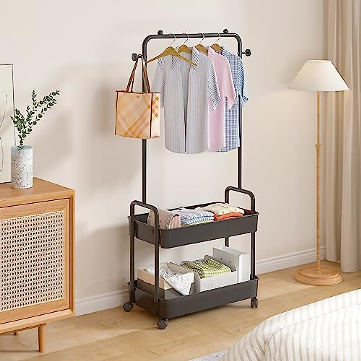 ACCSTORE Metal Clothing Racks, Freestanding Trolley Coat Rack With Wheels,Garment Rack For Storage，Clothes Rack,Heavy Duty Clothing Rack,Garment Racks With 2 Tier Plastics Storage Shelf,Black