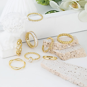 PNYFIL 8Pcs Emerald Cut Eternity Stackable 14K Gold Rings for Women - Baguette Ring, Dainty Rings for Women, Non-Tarnish Gold Rings, Stackable Rings for Women & Fashion Rings Set