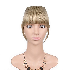 LEEONS Bangs Clip in Hair Extensions Front Neat Bang Fringe One Piece 6" Short Straight Synthetic Hairpiece for Women Dark Ash Brown mix with Bleach Blonde(18/613#)