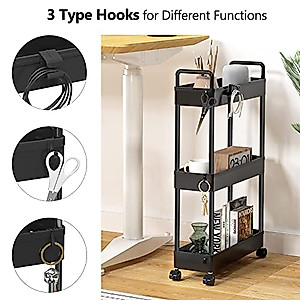 SOLEJAZZ Slim Storage Cart, 3 Tier Bathroom Cart Organizer Mobile Shelving Unit Rolling Utility Cart, Slide Out Organizer for Kitchen, Bathroom, Laundry, Narrow Places, Black