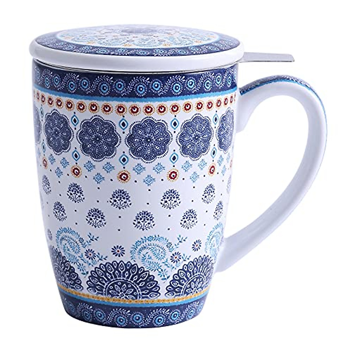 Bico Blue Talavera 12oz Porcelain Tea Mug with Infuser and Lid, Microwave & Dishwasher Safe