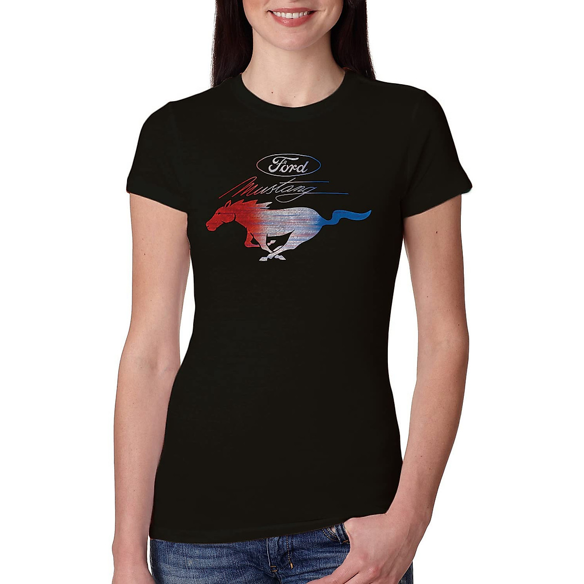 Ford Mustang Shirt USA Flag Mustang Emblem Cars and Trucks Womens Slim Fit Junior Tee, Black, Large