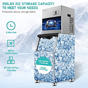 Commercial Ice Maker, SodaPer 110V Automatic Ice Making Machine Stainless Steel 472 lbs/24H, Storage Capacity 350 lbs, Freestanding Ice Maker Machine for Office/Restaurant/Bar/Coffee