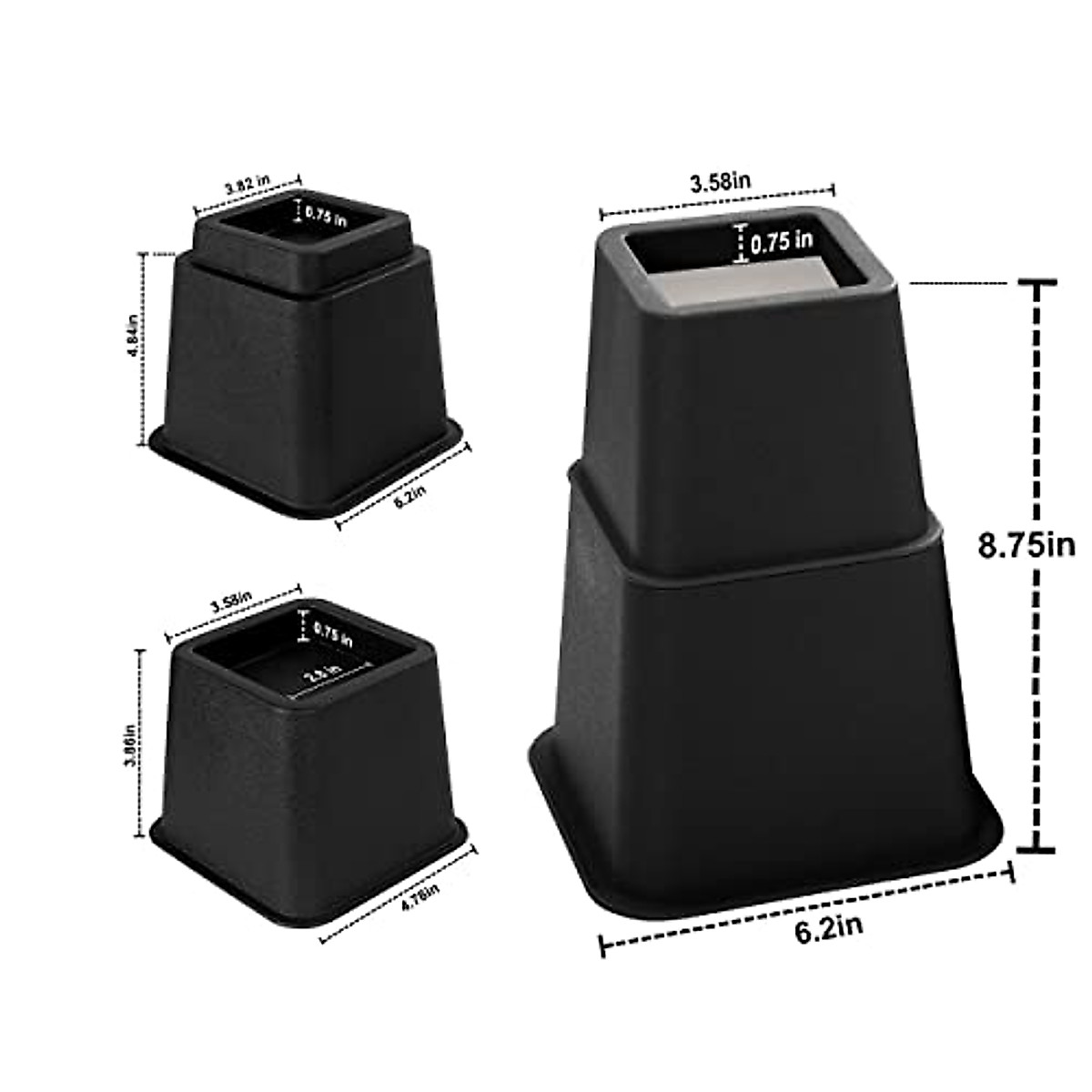 Oakias Bed Risers Black – Set of 4 – Adjustable Furniture Risers from 3, 5 up to 8 Inches – Heavy Duty (Supports up to 1300 lbs.)