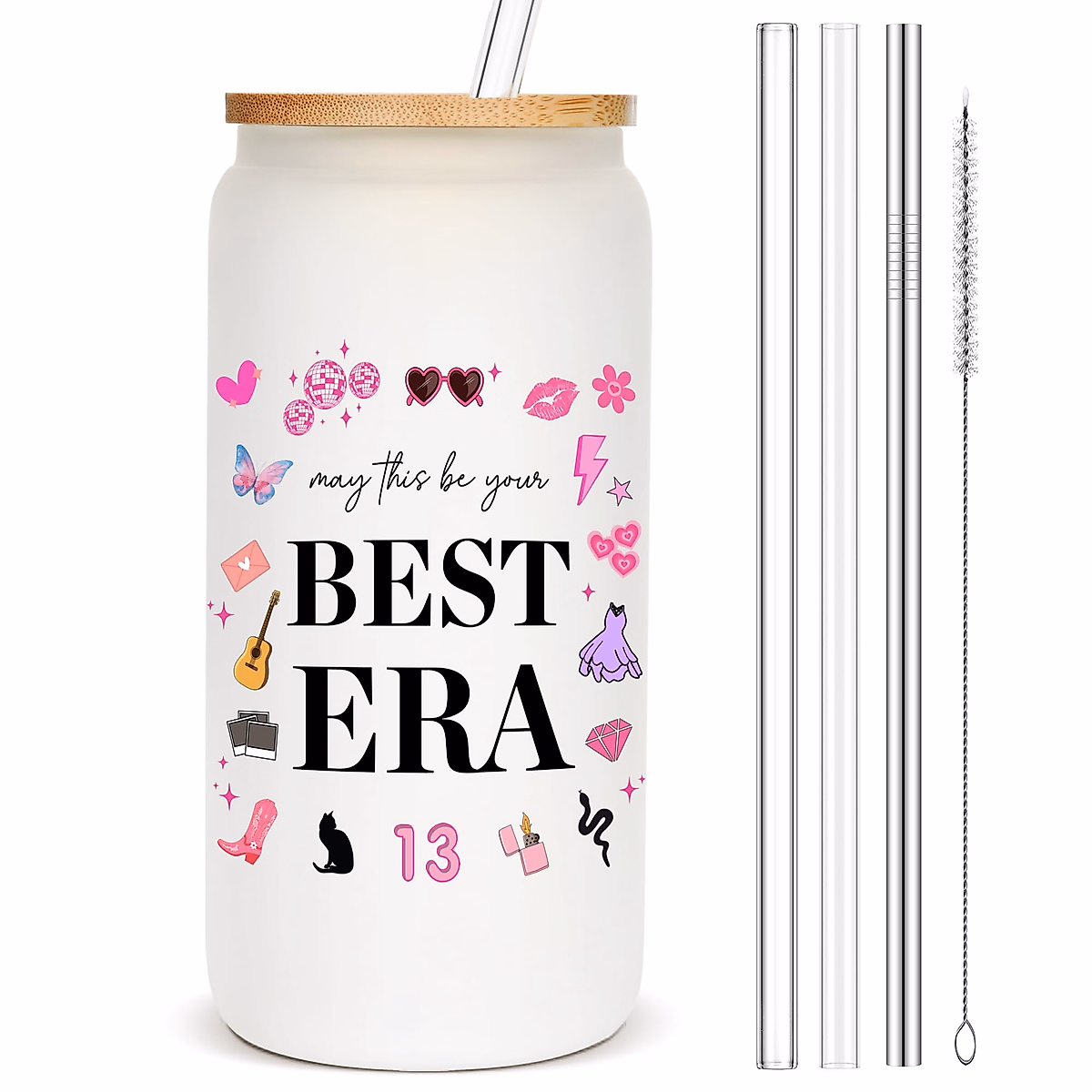 Eddirayla May This Be Your Best Era Themed Gifts, Birthday Gift Idea for Women, Merch, 16oz Glass Cup with Lid and Straws, Iced Coffee Mug, Glass Tumbler, Water Bottle, Stuff, Items, BE