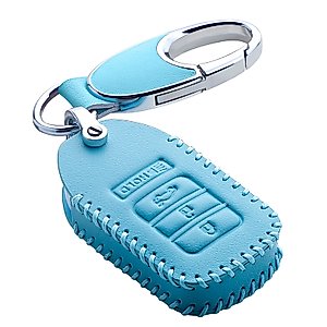 ANSOZLEE Genuine Leather Smart Key Keyless Remote Entry Fob Case Cover with Key Chain Suitable for Honda Civic, Fit, CR-V，Accord, Pilot (Blue)