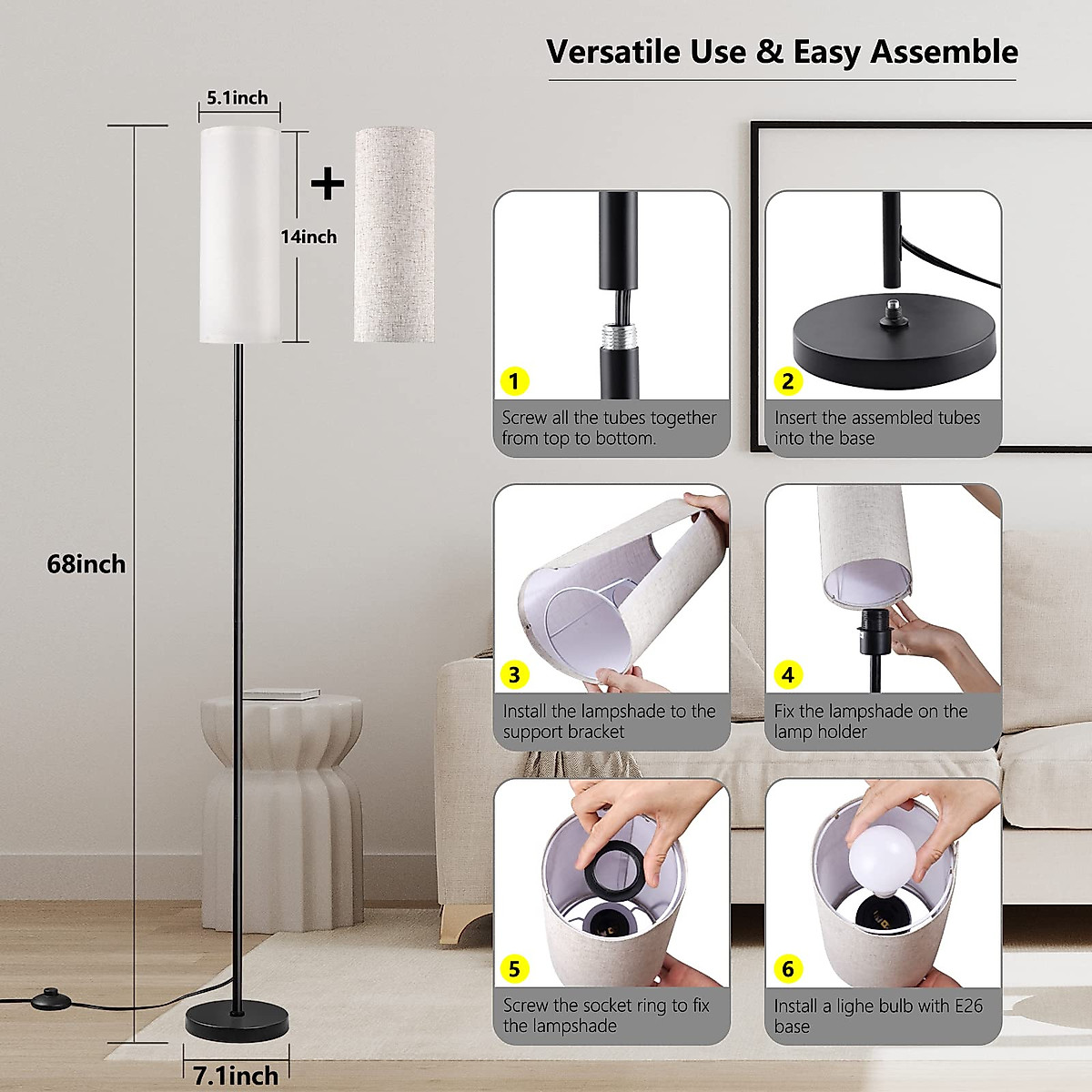 NUÜR Floor Lamp for Living Room, Bedroom, Office, 68 Inch Modern Black LED Standing Floor Lamp with 2 Linen Lampshades & Stepless Dimming Color Temperature, Connect to App & Sync Music & TV
