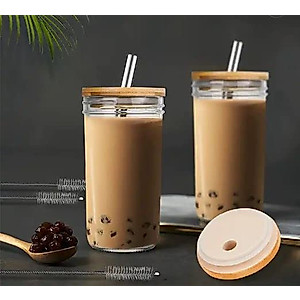 24oz Tumblers with Lids and Straws, Reusable Water Bottle, Glass Cups with Bamboo Lid and Straw Set, Iced Coffee, Bubble Tea, Smoothies