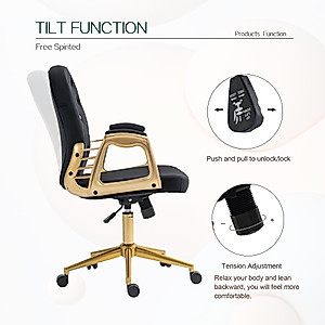 cayglow Velvet Home Office Desk Chair Comfy with Gold Base, Comfortable Swivel Makeup Chairs for Vanity with Back and Wheels, Button Tufted Armchair Rolling Chair for Girls Women Study Bedroom, Black