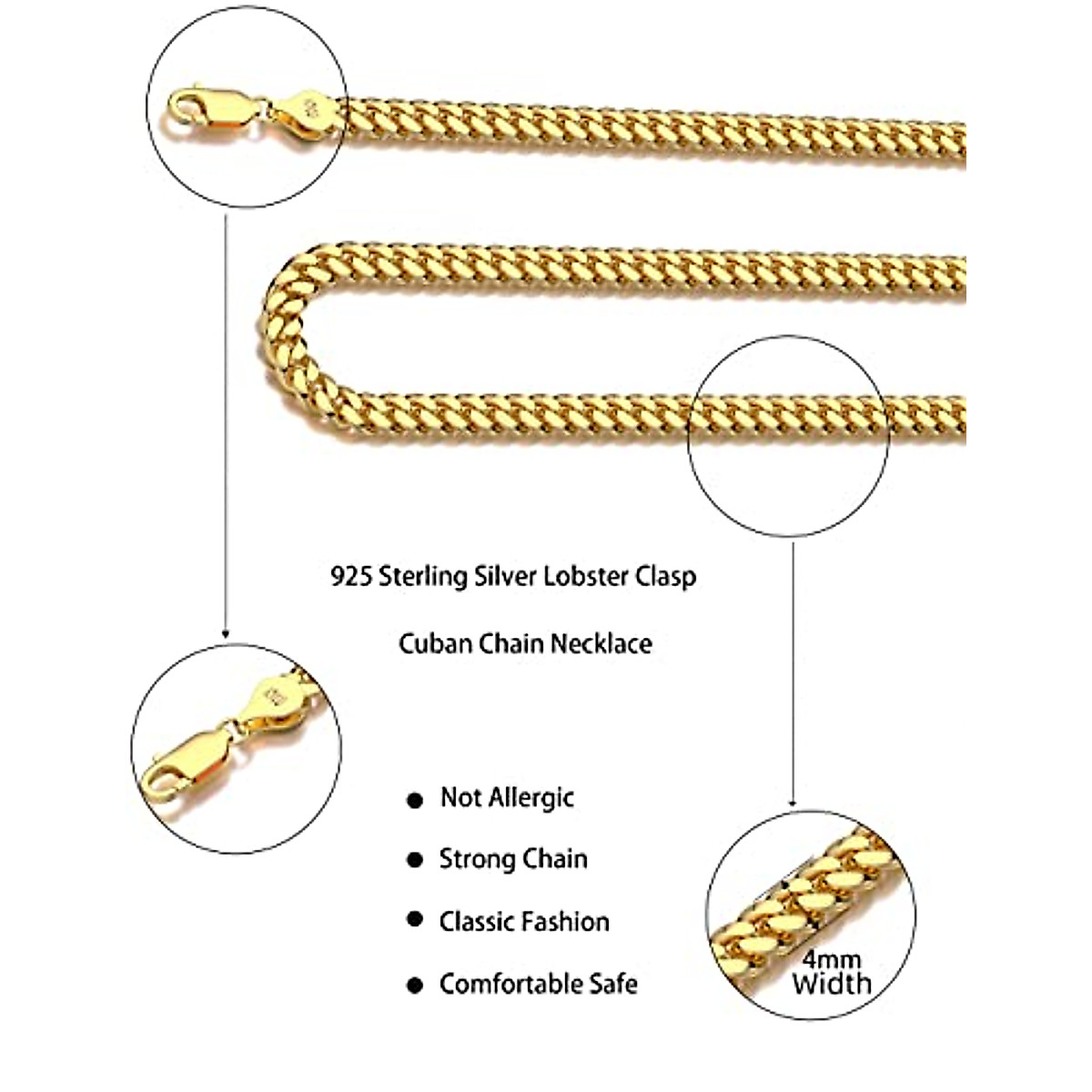 Waitsoul 925 Sterling Silver Cuban Chain Lobster Clasp 4mm 18k Gold Over Cuban Link Curb Chain Necklace for Women Men Diamond Cut 16-30 Inches(20)