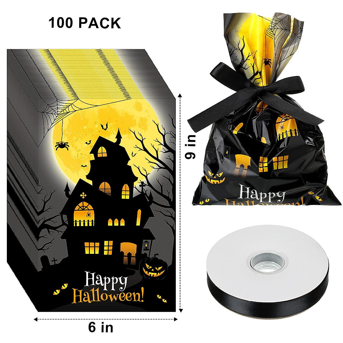 Tenare 100 Pcs Halloween Cellophane Treat Bags Plastic Goodie Candy Bags with 22 Yards Ribbon Halloween Clear Gift Treat Bags for Party Favors Snacks Cookies Packing