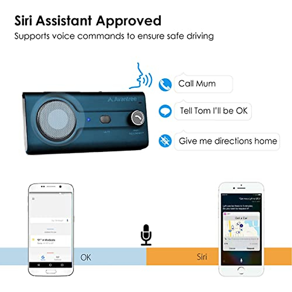 Avantree CK11 Bluetooth 5.0 Hands Free Cell Phone Car Kit, 3W Loud Speakerphone, Support Siri Assistant, Motion AUTO ON, Volume Knob, Wireless in Car Handsfree Speaker with Visor Clip – Blue