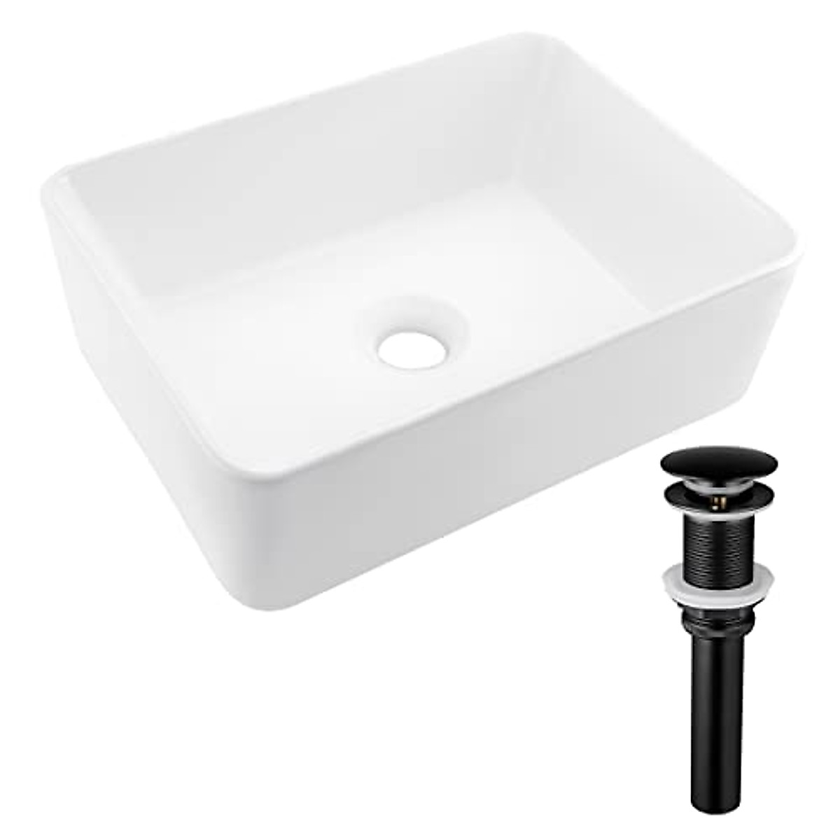 KES Rectangle Bathroom Sink with Bathroom Sink Drain Combo, 16" x 12" White Ceramic Vessel Sink Above Counter with Pop Up Drain Stopper Brass and Stainless Steel Matte Black, BVS110S40+S2008D-BK