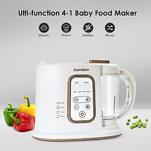 Gemdom Large 4.5 Cup Baby Food Maker, 4-1 Steamer and Blender Food Processor for Homemade Organic Puree Smoothie Mash, Sterilize and Warm Function, 6 Pack Reusable Food Pouches, Baby Essentials