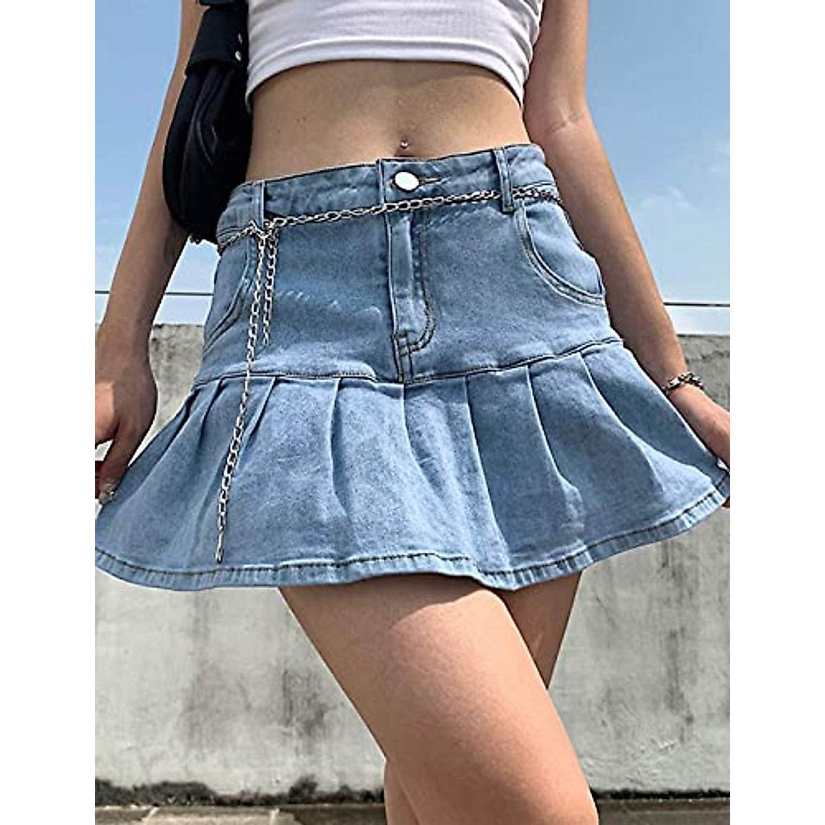 Dqbeng Womens Jean Skirt Y2K High Waist A-Line Ruffle Pleated Denim Mini Skirt (LightBlue-S)