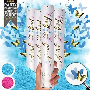 Gender Reveal Confetti Cannon - 4 Pack Butterfly Confetti Poppers | Gender Reveal Ideas | Gender Reveal Powder Cannon Blue, Color Reveal | Gender Reveal Powder Sticks, Blue Confetti | Gender Reveal Party Supplies | Gender Reveal Poppers | Poppers Confetti