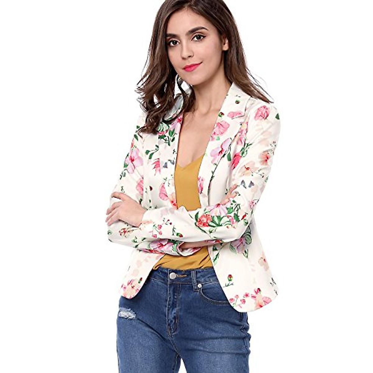 Allegra K Women's Open Front Notch Lapel Printed Business Casual Suit Blazer Jacket Medium White-Floral