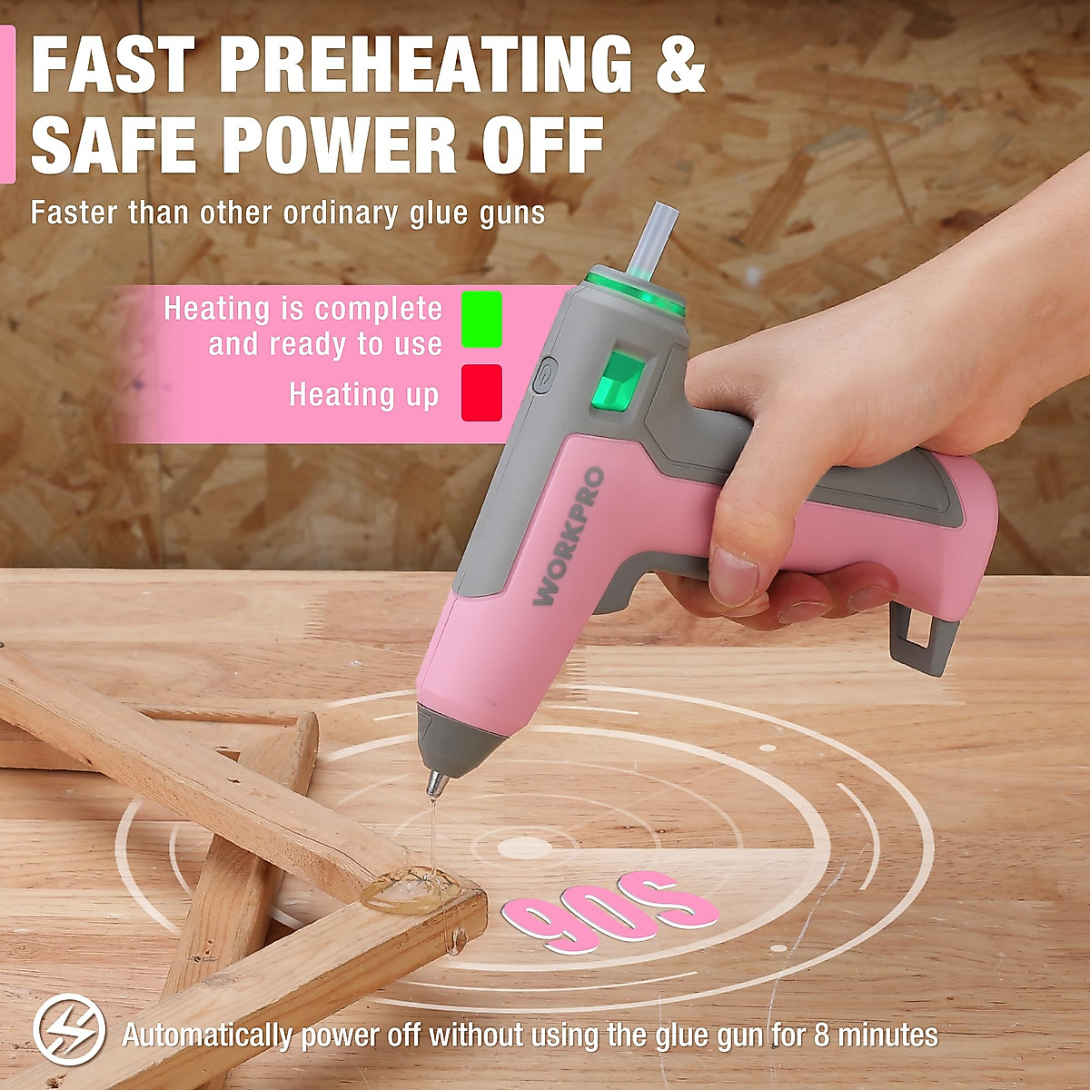 WORKPRO Pink Cordless Mini Hot Glue Gun, Energy Saving Rechargeable Fast Heating Glue Gun Kit with 20 Pcs Mini Glue Sticks, Automatic-Safety-Power-Off Glue Gun for Decoration, Art - Pink Ribbon