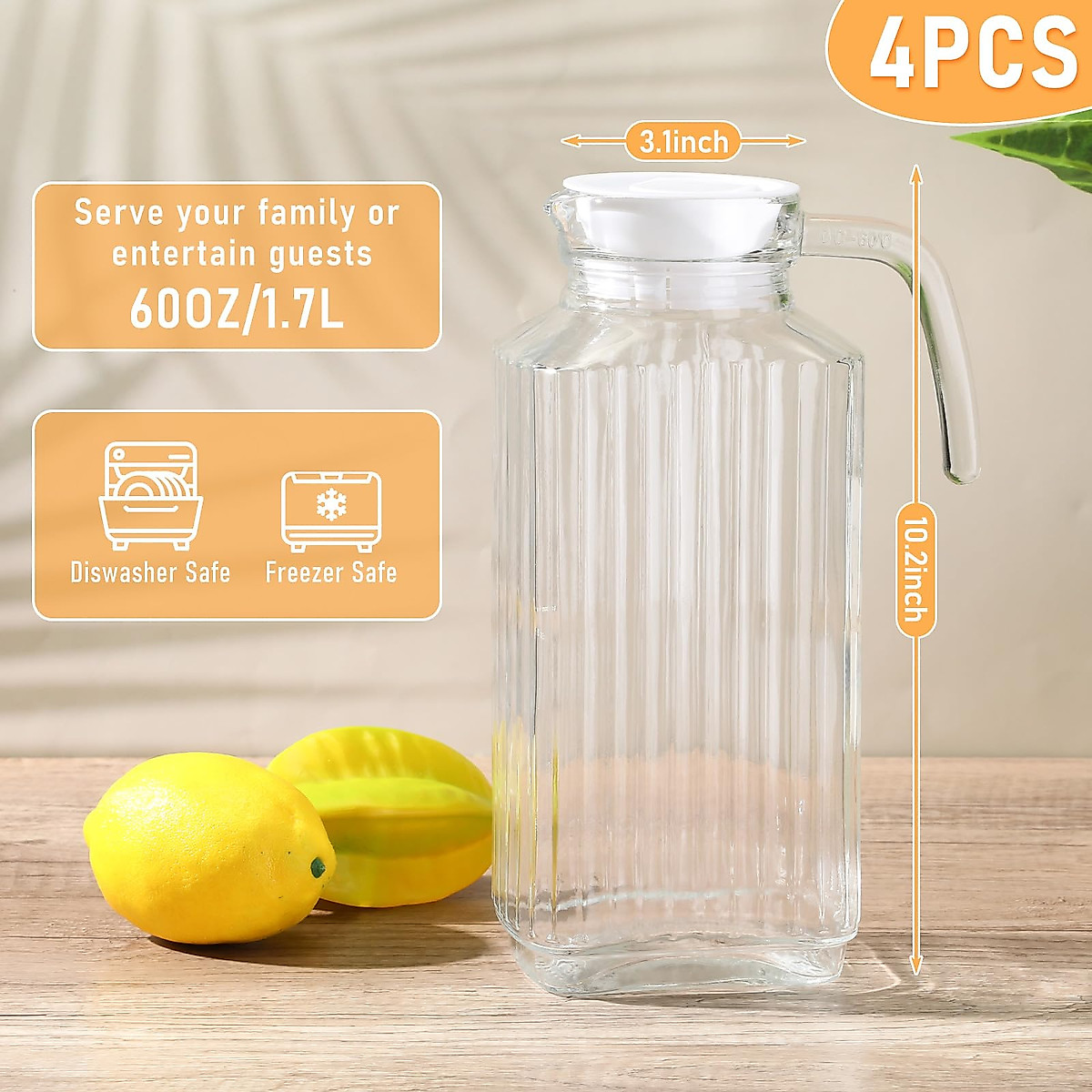 Gejoy 4 Pieces 60 oz Glass Pitcher with Lid Fridge Pitcher Juice Pitcher Glass Water Pitcher Beverage Drink Containers Jug for Fridge Iced Tea Lemonade Milk Cocktails Cold