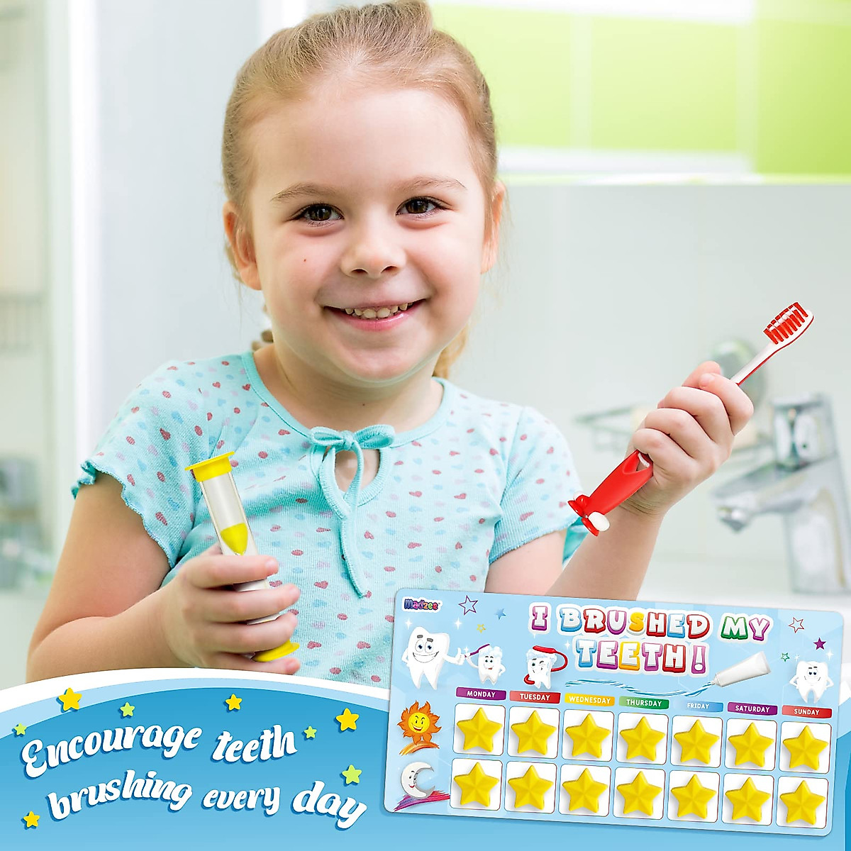Madzee Toothbrush for Kids with Reward Chart Set, Sand Timer – 2Pcs Soft Bristle Kids Tooth Brush with Magnetic Behavior Chart for Children's Ages 3+
