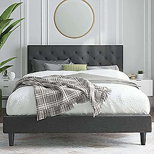 Queen Upholstered Platform Bed Frame, Queen Bed Frame with Headboard, Fabric Upholstered Platform with Button Tufted Headboard Sturdy Wood Slat Support, Mattress Foundation, No Box Spring Needed, Grey